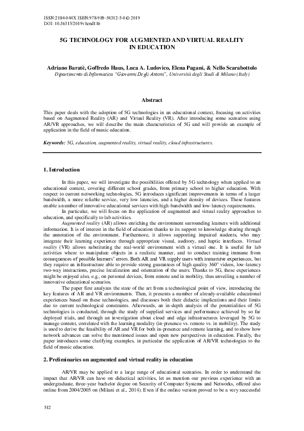 (PDF) 5G Technology for Augmented and Virtual Reality in Education