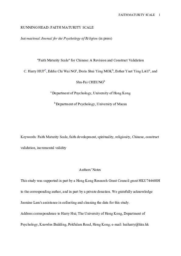 (PDF) “Faith Maturity Scale” for Chinese: A Revision and Construct ...