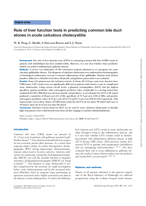 Pdf Role Of Liver Function Tests In Predicting Common Bile Duct Stones In Acute Calculous
