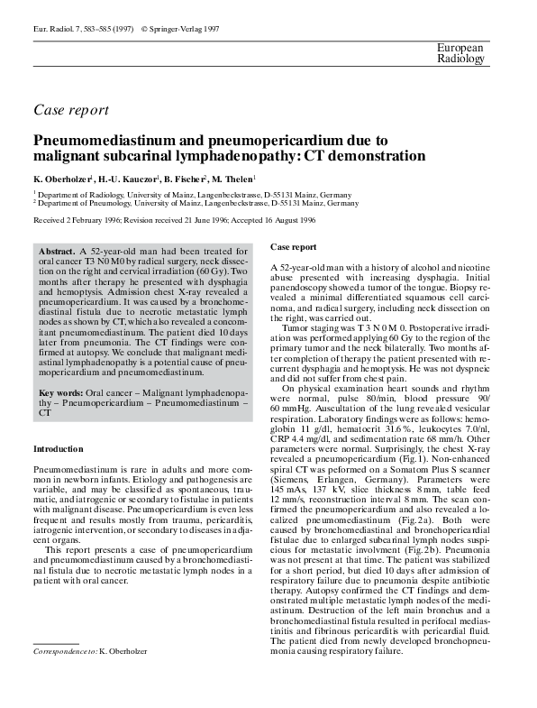 (PDF) Pneumomediastinum and pneumopericardium due to malignant ...