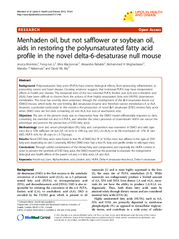 (PDF) Menhaden oil, but not safflower or soybean oil, aids in restoring ...