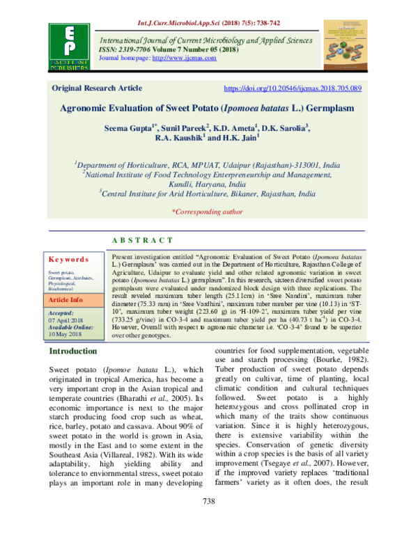 (PDF) Agronomic Evaluation of Sweet Potato (Ipomoea batatas L.) Germplasm