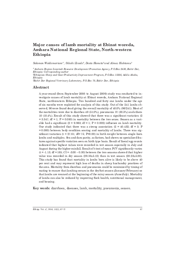 (PDF) Major causes of lamb mortality at Ebinat woreda, Amhara National ...