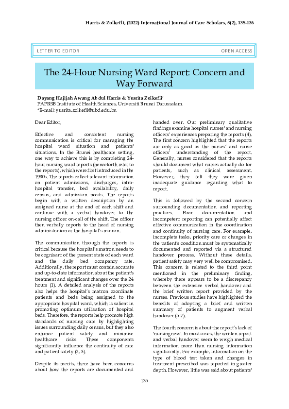 (PDF) The 24-Hour Nursing Ward Report: Concern and Way Forward