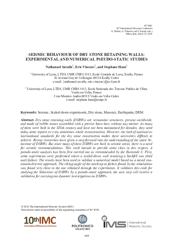 (PDF) Seismic Behaviour of Dry Stone Retaining Walls: Experimental and Numerical Pseudo-Static ...