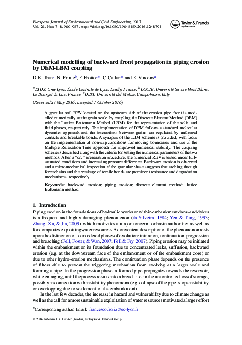 Pdf Numerical Modelling Of Backward Front Propagation In Piping Erosion By Dem Lbm Coupling