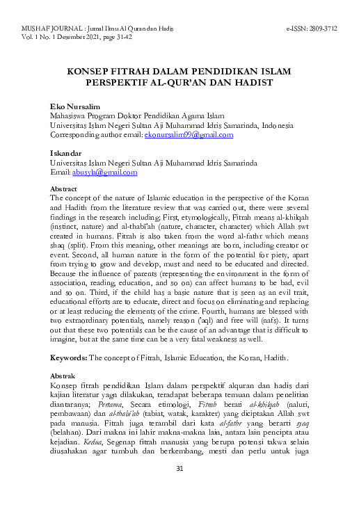 (PDF) Konsep Fitrah Dalam Pendidikan Islam Perspektif Al-Qur’An Dan Hadist