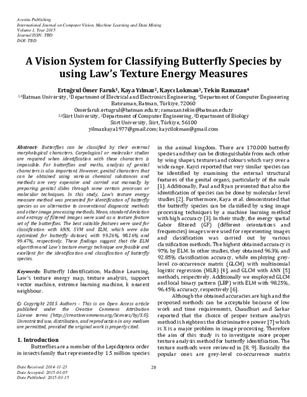 (PDF) A Vision System for Classifying Butterfly Species by using Law’s Texture Energy Measures