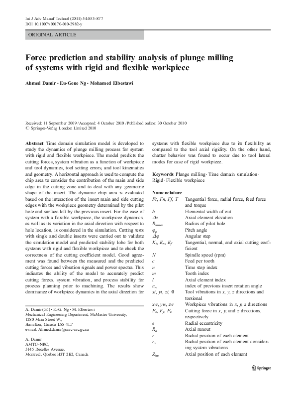 (PDF) Force prediction and stability analysis of plunge milling of systems with rigid and ...