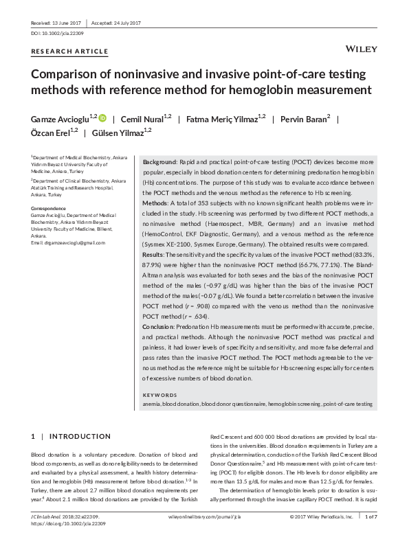 (PDF) Comparison of noninvasive and invasive point-of-care testing ...