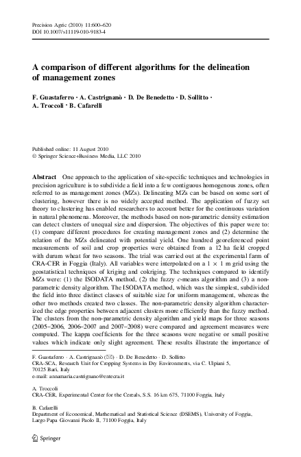 (PDF) A comparison of different algorithms for the delineation of management zones