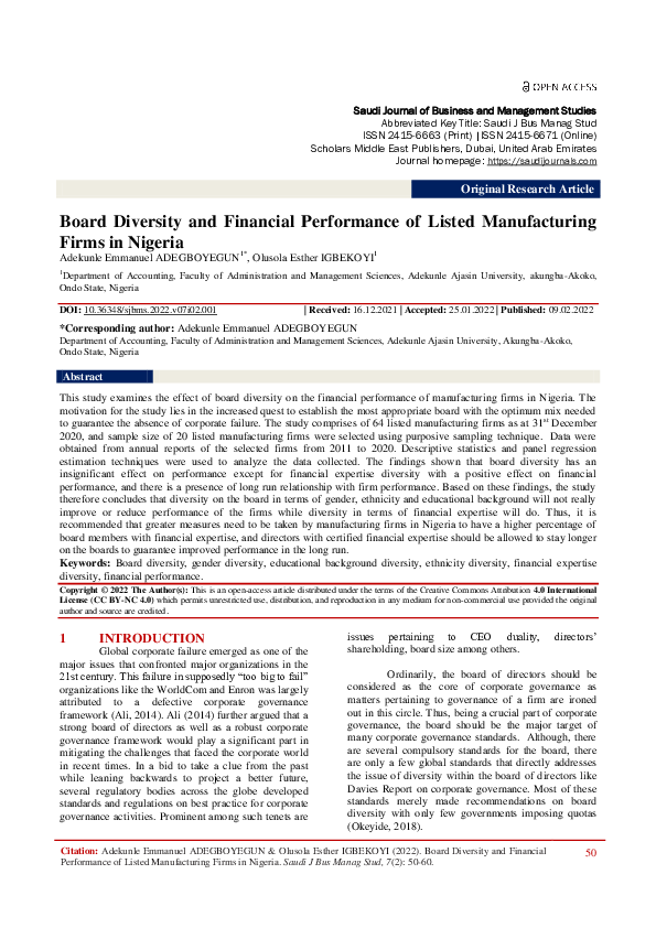 (PDF) Board Diversity and Financial Performance of Listed Manufacturing Firms in Nigeria