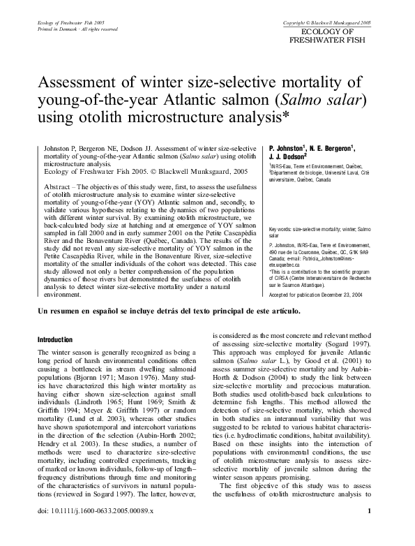 (PDF) Assessment of winter size-selective mortality of young-of-the-year Atlantic salmon (Salmo ...