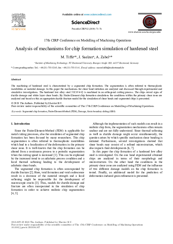 (PDF) Analysis of mechanisms for chip formation simulation of hardened ...