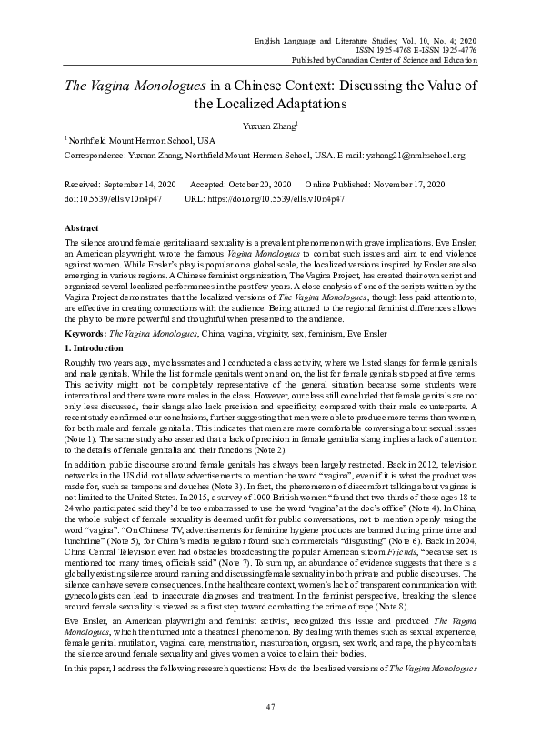 (PDF) The Vagina Monologues in a Chinese Context: Discussing the Value ...