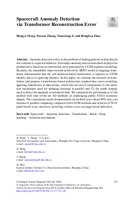 Pdf Spacecraft Anomaly Detection Via Transformer Reconstruction Error