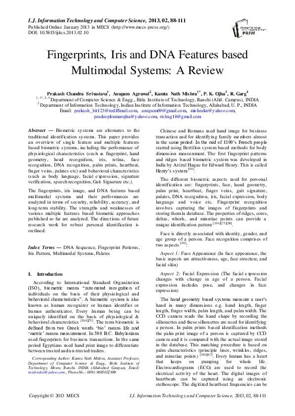 (PDF) Fingerprints, Iris and DNA Features based Multimodal Systems: A Review