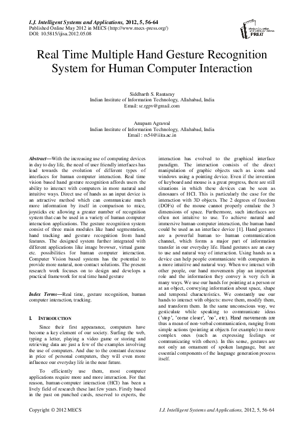 (PDF) Real Time Multiple Hand Gesture Recognition System for Human Computer Interaction