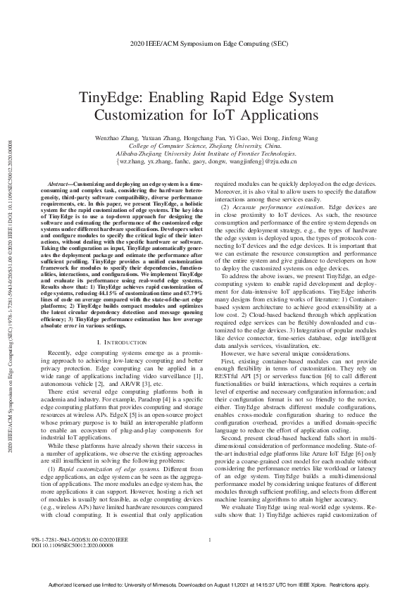 Pdf Tinyedge Enabling Rapid Edge System Customization For Iot Applications