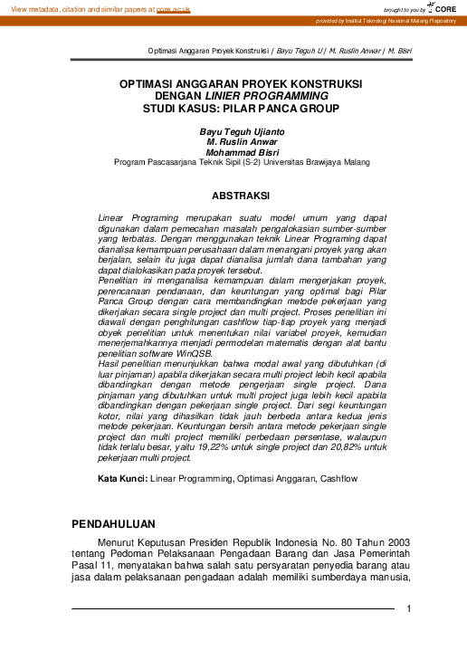 (PDF) Optimasi Anggaran Proyek Konstruksi Dengan Linier Programming Studi Kasus: Pilar Panca Group