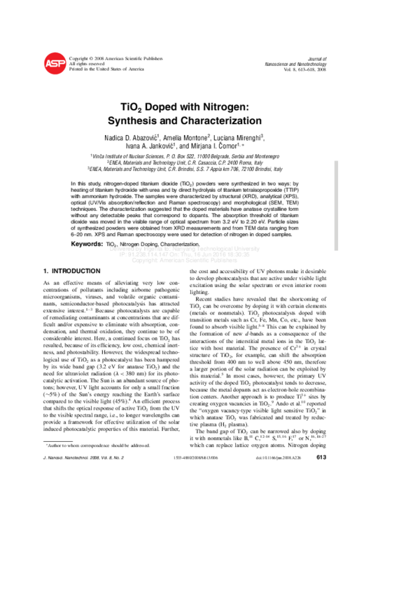 Pdf Tio2 Doped With Nitrogen Synthesis And Characterization