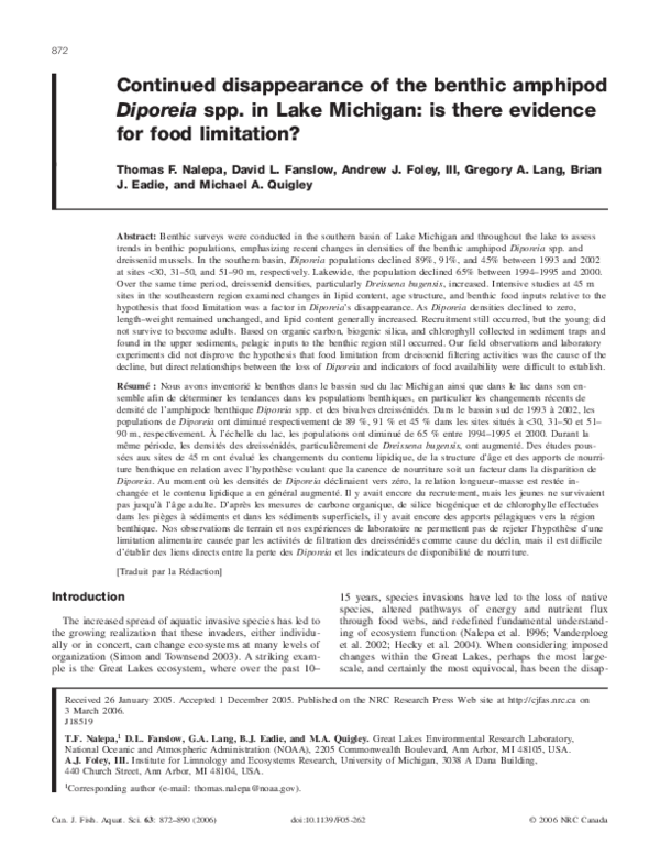 (PDF) Continued disappearance of the benthic amphipod Diporeia spp. in ...