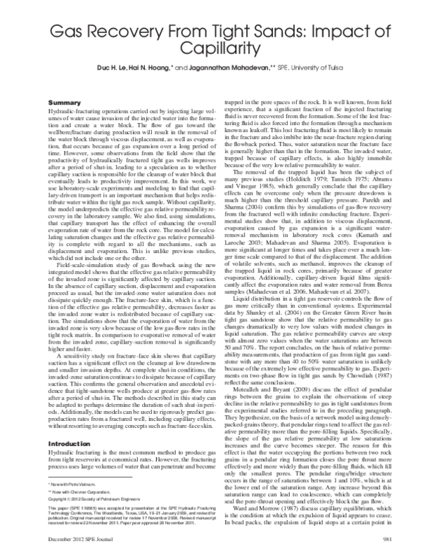 (PDF) Gas Recovery From Tight Sands: Impact of Capillarity