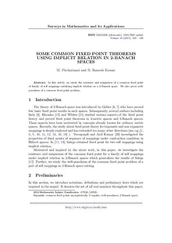 Pdf Some Common Fixed Point Theorems Using Implicit Relation In 2 Banach Spaces Ramesh Kumar
