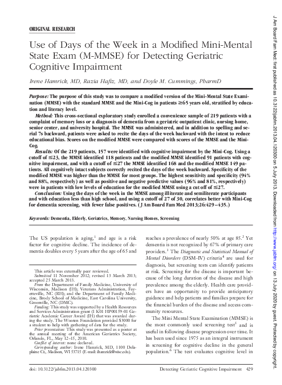 (PDF) Use of Days of the Week in a Modified Mini-Mental State Exam (M ...