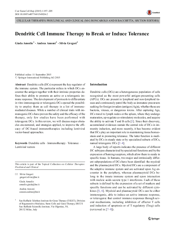 (PDF) Dendritic Cell Immune Therapy to Break or Induce Tolerance