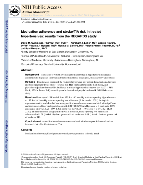 (PDF) Medication adherence and stroke/TIA risk in treated hypertensives ...