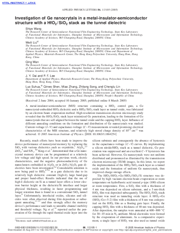 Pdf Investigation Of Ge Nanocrytals In A Metal Insulator Semiconductor Structure With A Hfo2∕