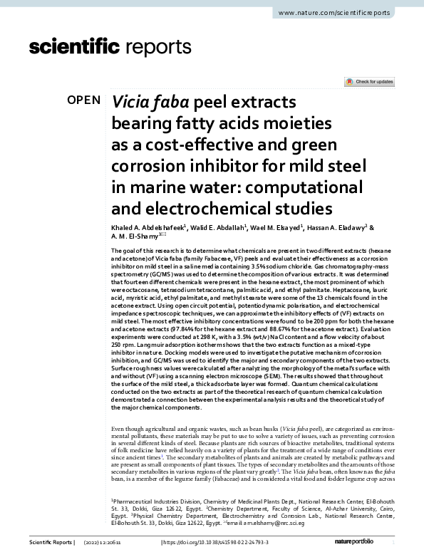 (PDF) Vicia faba peel extracts bearing fatty acids moieties as a cost ...
