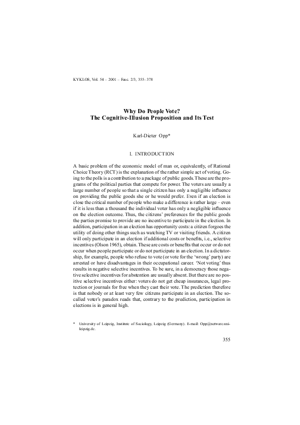 (PDF) Why Do People Vote? The Cognitive‐Illusion Proposition and Its Test