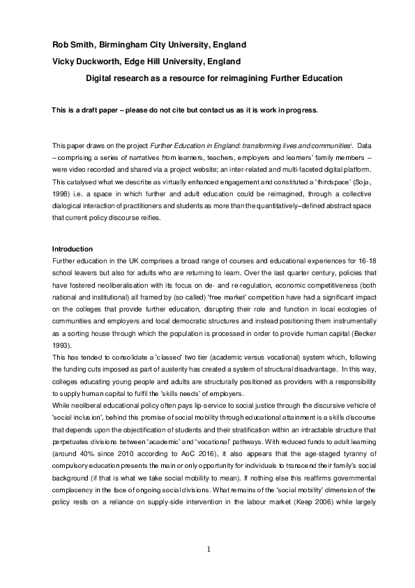 (PDF) Digital research as a resource for reimagining Further Education