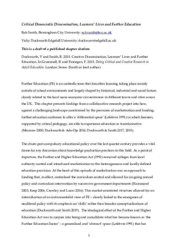 (PDF) Creative Dissemination, Learners’ Lives and Further Education