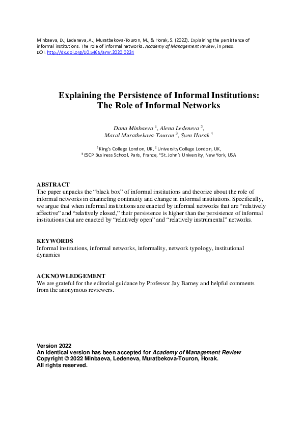 (PDF) Explaining the Persistence of Informal Institutions: The Role of ...