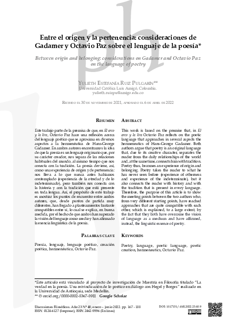 (PDF) Entre el origen y la pertenencia: consideraciones de Gadamer y ...