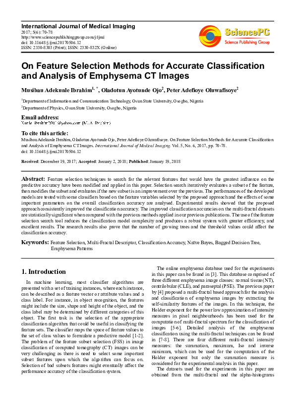 Pdf On Feature Selection Methods For Accurate Classification And Analysis Of Emphysema Ct Images