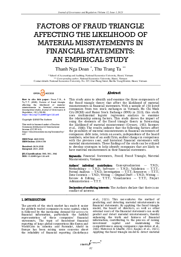 (PDF) Factors of fraud triangle affecting the likelihood of material ...