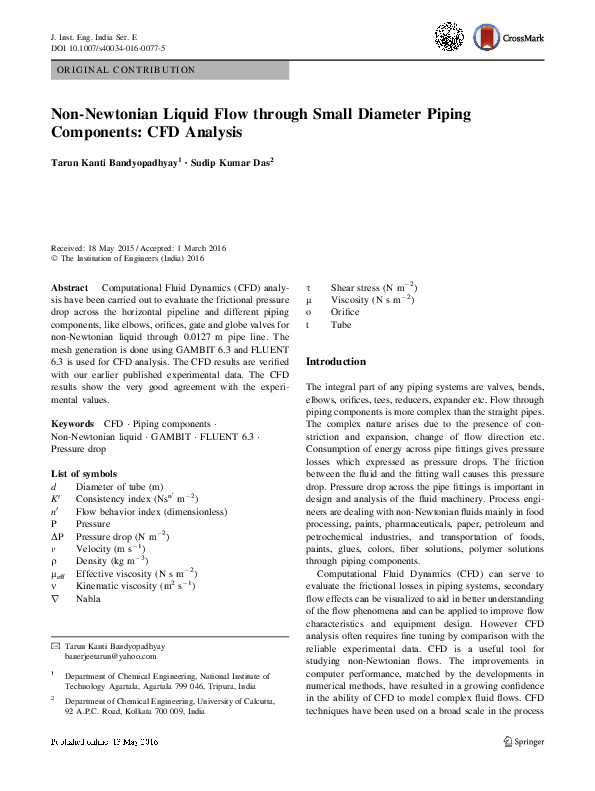(PDF) Non-Newtonian Liquid Flow through Small Diameter Piping Components: CFD Analysis