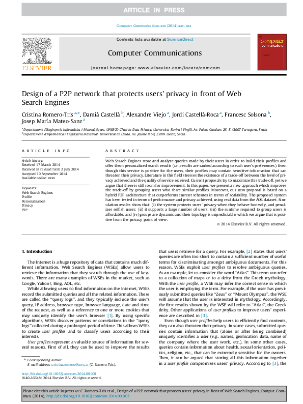 (PDF) Design of a P2P network that protects users’ privacy in front of Web Search Engines