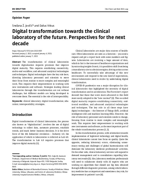 (PDF) Digital transformation towards the clinical laboratory of the ...