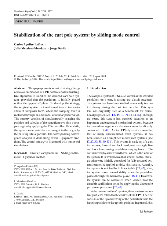 (PDF) Stabilization of the cart pole system: by sliding mode control