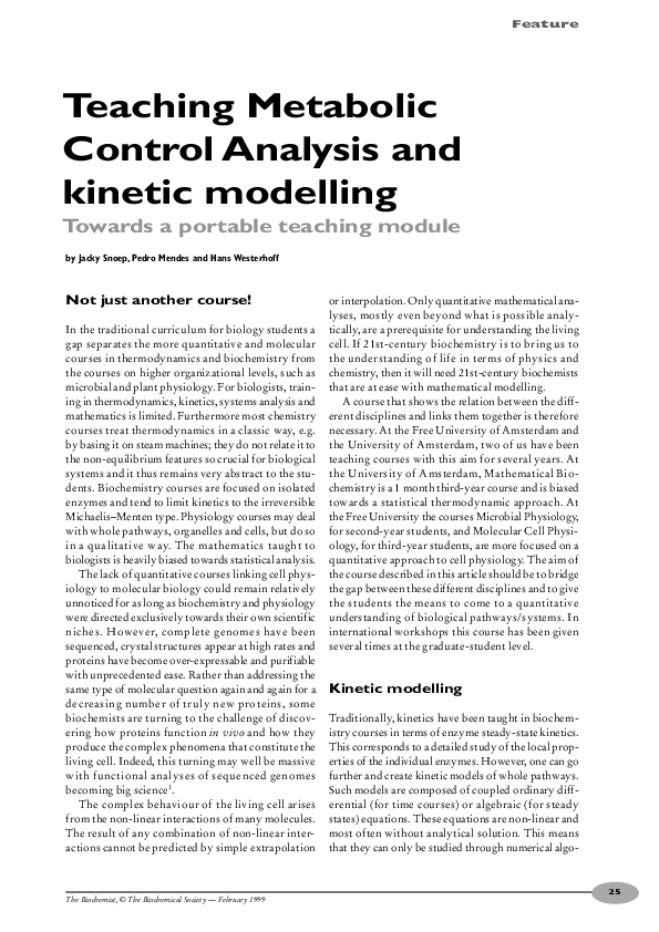 (PDF) Teaching metabolic control analysis and kinetic modelling | H ...