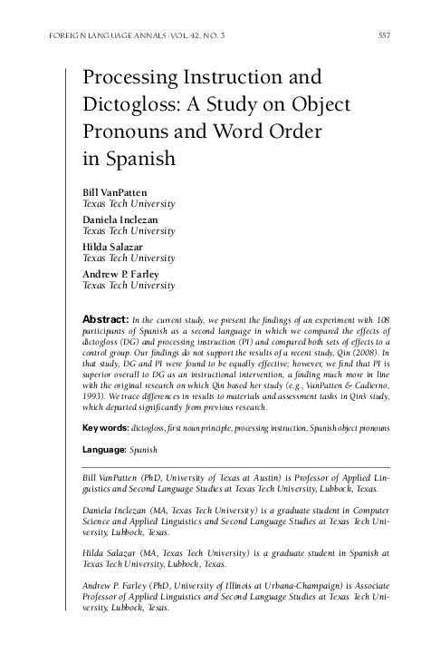 (PDF) Processing Instruction and Dictogloss: A Study on Object Pronouns ...