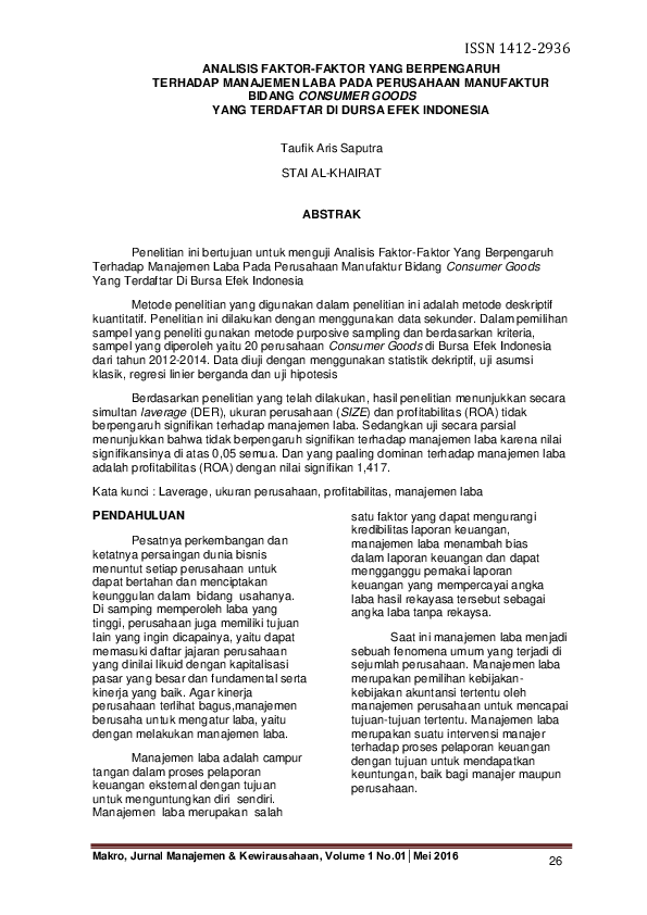 (PDF) Analisis Faktor-Faktor Yang Berpengaruh Terhadap Manajemen Laba Pada Perusahaan Manufaktur ...
