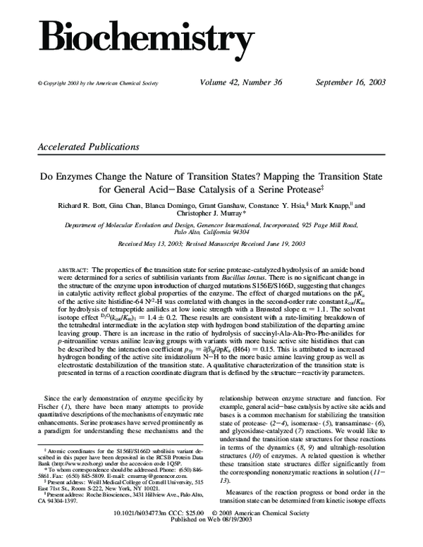 (PDF) Do Enzymes Change the Nature of Transition States? Mapping the ...