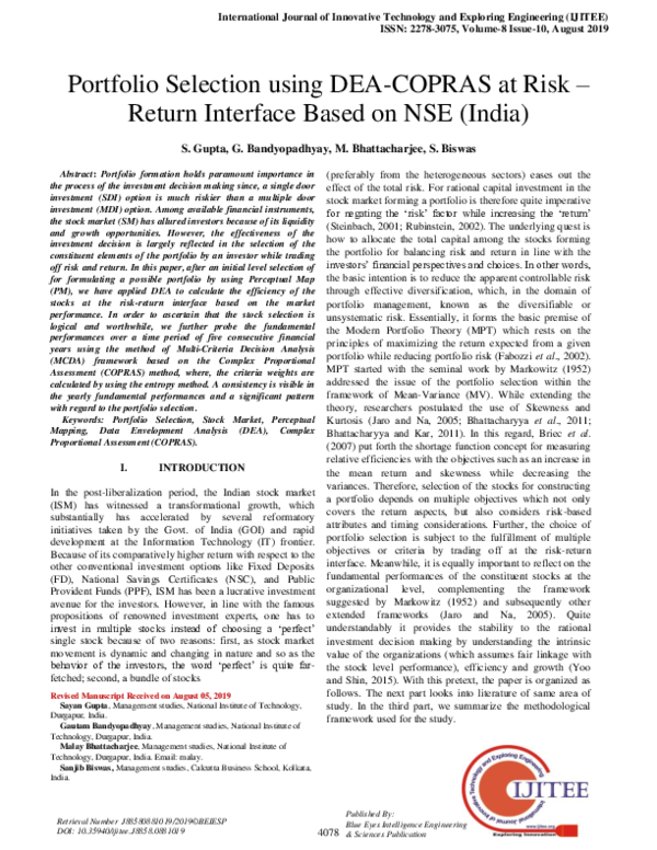 (PDF) Portfolio Selection using DEA-COPRAS at Risk – Return Interface Based on NSE (India)