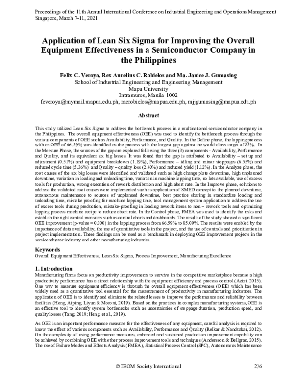 (PDF) Application of Lean Six Sigma for Improving the Overall Equipment Effectiveness in a ...